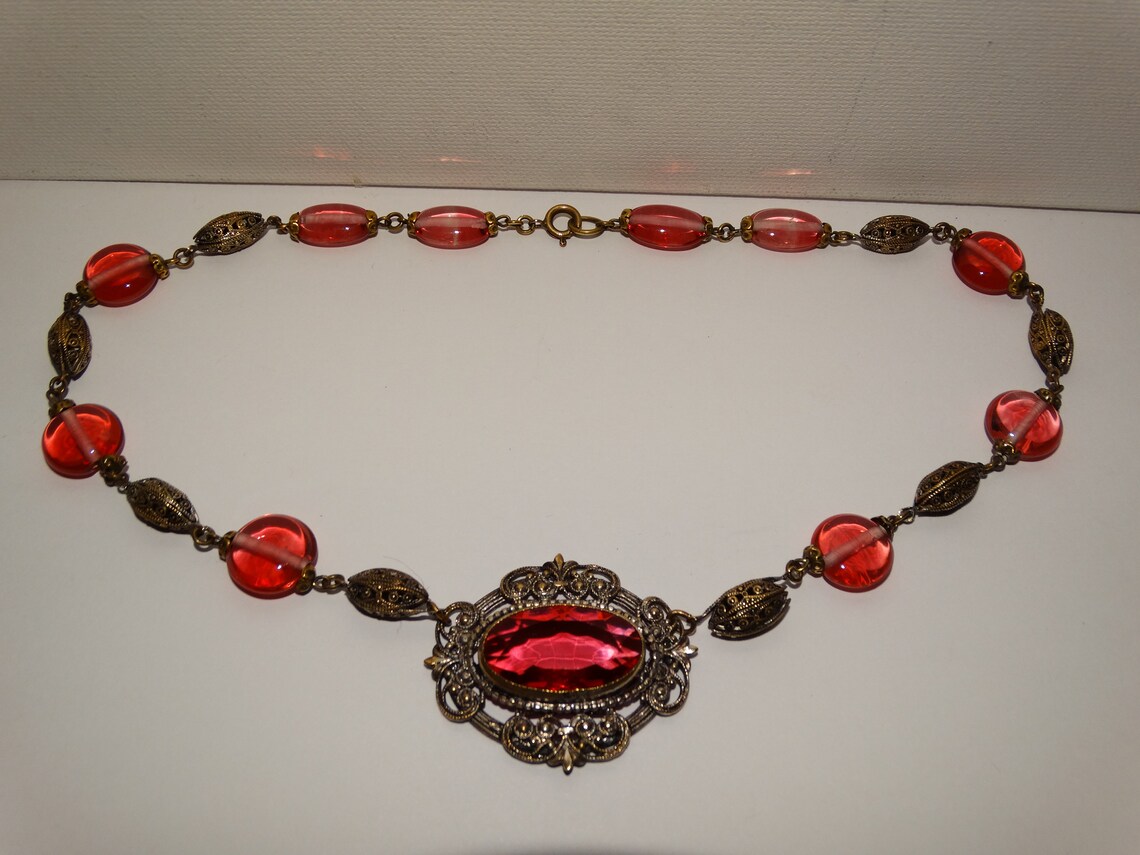 Made in CZECHOSLOVAKIA Brass and Pink Glass Necklace. - Etsy