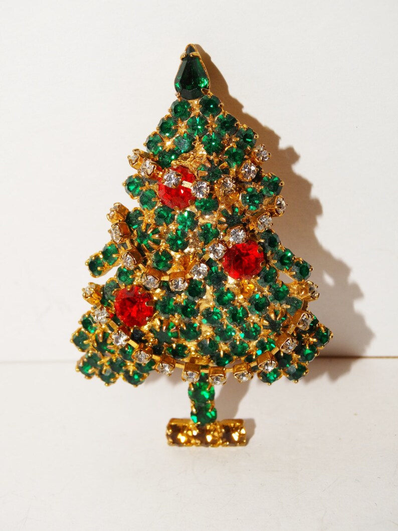 Gold Tone Christmas Rhinestone Tree Brooch | Etsy