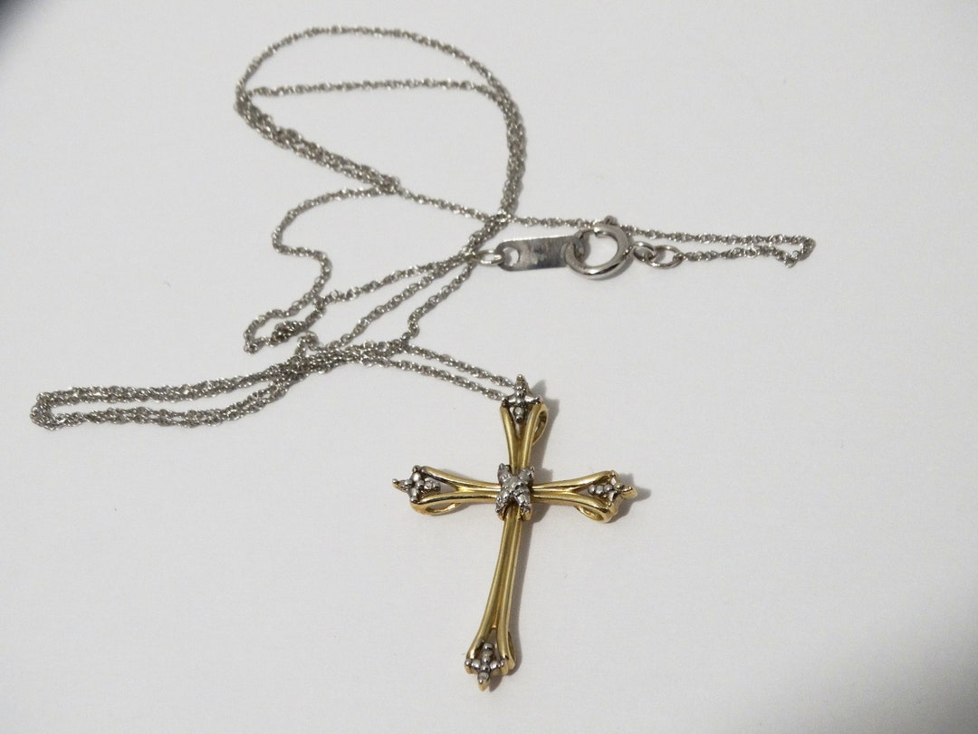 10k Yellow and White Gold Stamped Cross Necklace. - Etsy