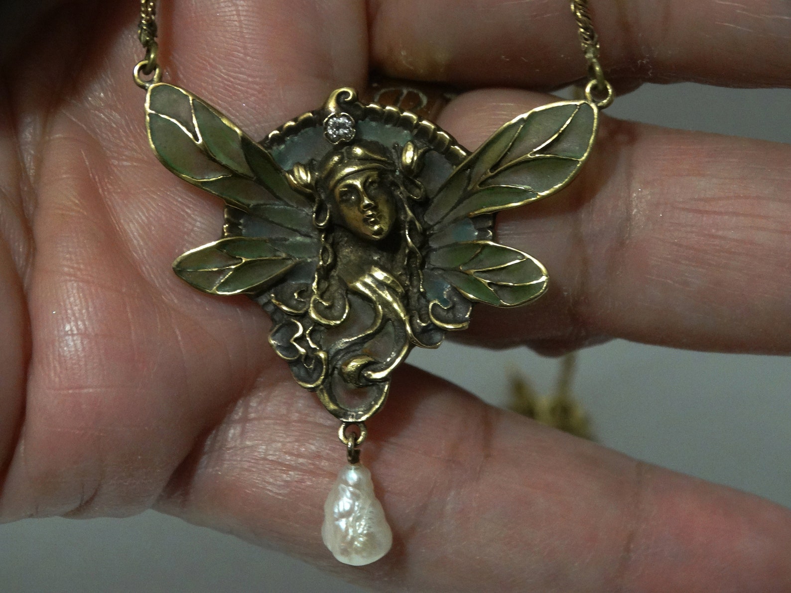 14k Gold ART Nouveau Enamel & Diamond 14k Fairy Pendant Necklace. - Etsy