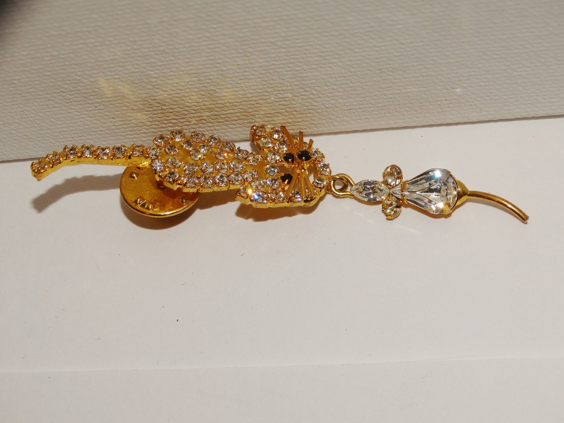 Gold Tone Cat & Mouse Sparkling Rhinestones Pin. | Etsy