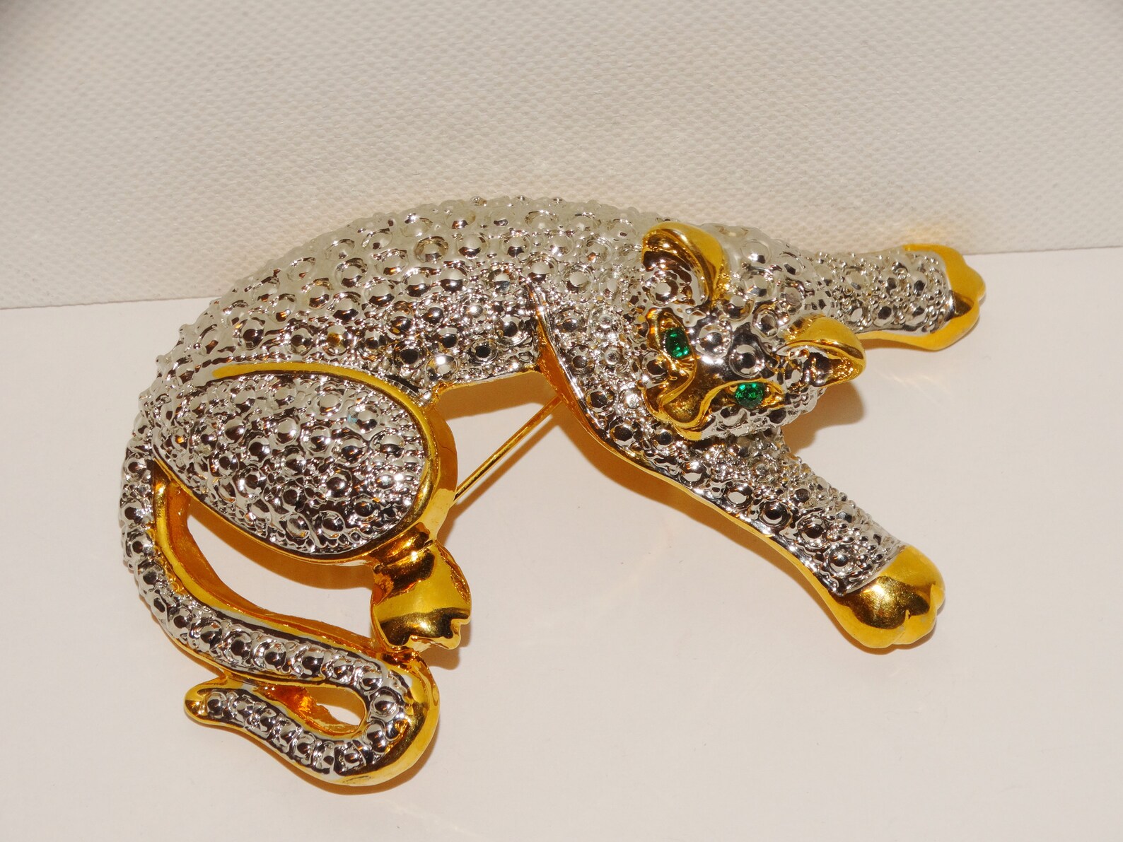 Large Gold Plated Cat Brooch W/green Eye White Rhinestne. - Etsy