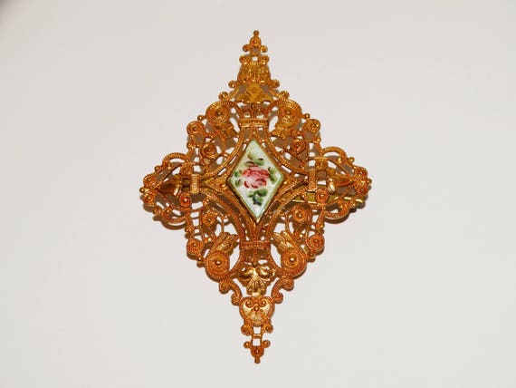 Copper/ Brass Gorgeous Filigree With Center Enamel B… - Gem