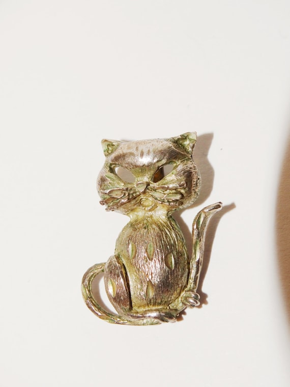 Vintage Sterling Silver Cat Pin And Earrings - Gem