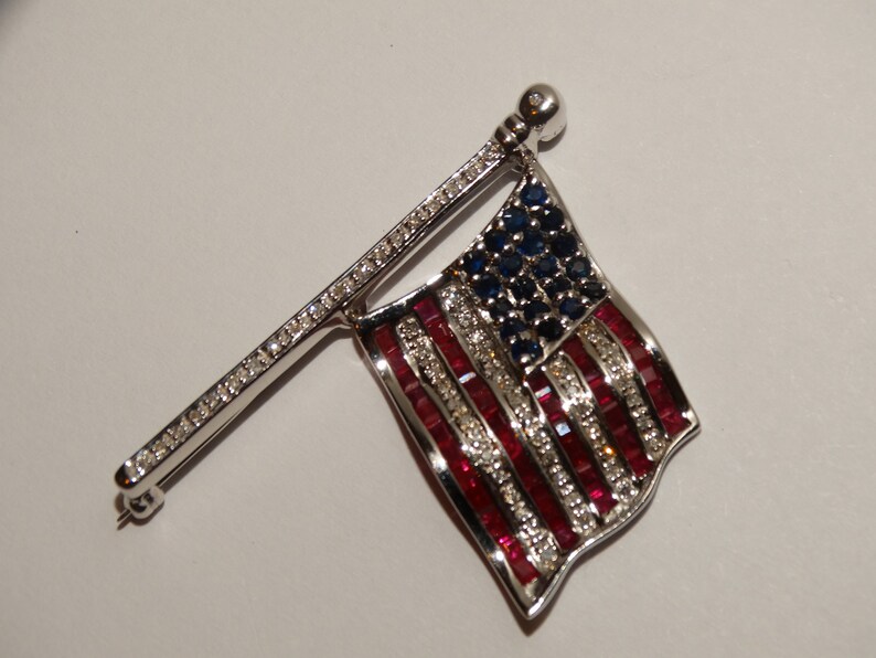 Antique 14K White Gold Diamond Sapphire & Ruby American Flag Pin/brooch ...