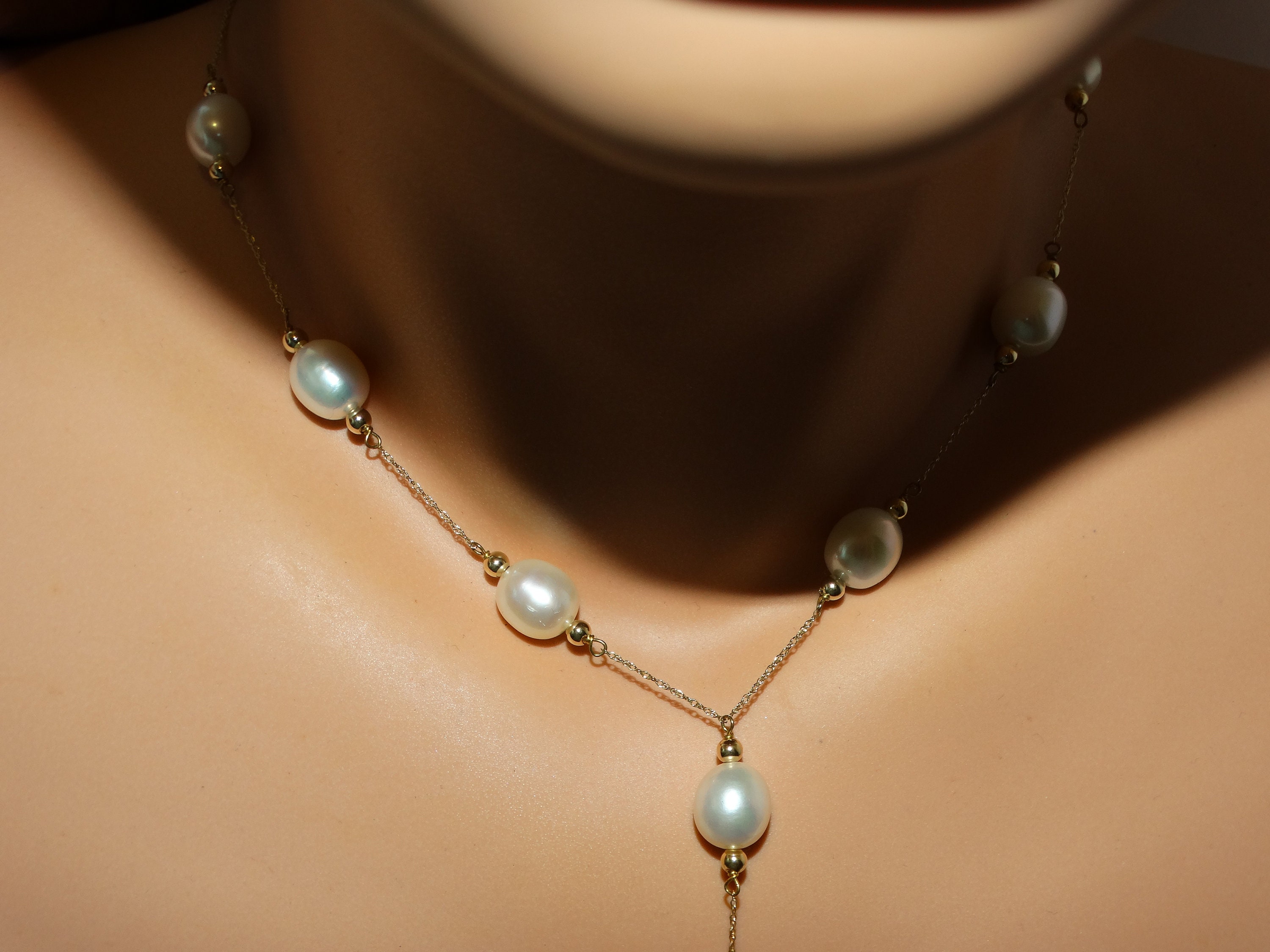 14k Gold Genuine Oblong Pearl Station Lariat Necklace. - Etsy