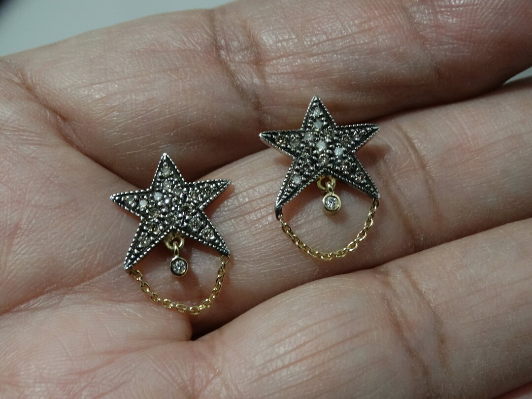 18k Yellow Gold Ster Genuine Diamond STAR Earrings. - Etsy