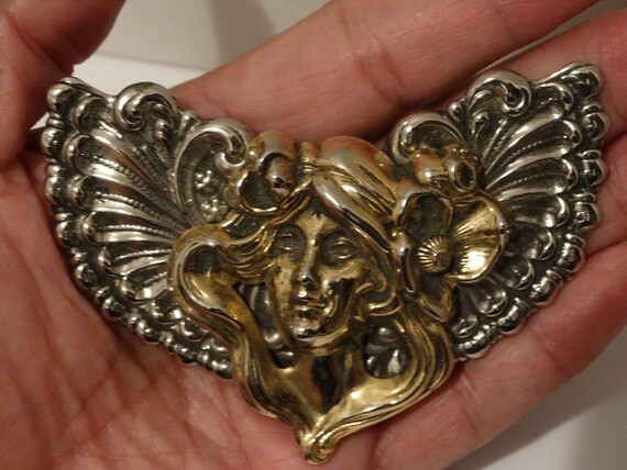 Silver & Gold Tone Large Lady Brooch. - Gem