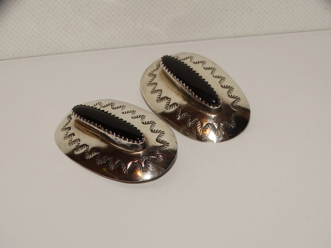 Navajo R. Burnside Sterling Silver Onyx Clip Earrings. - Etsy