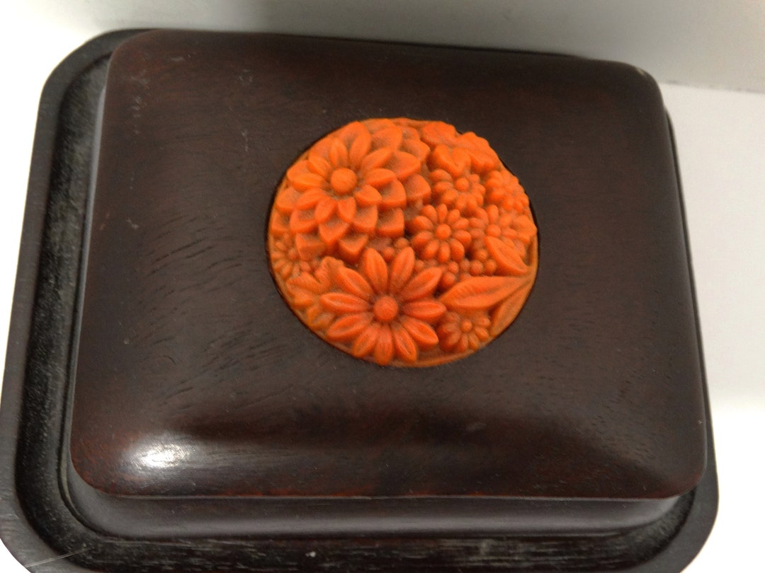 Antique Japanese Rosewood Box Red Coral Design Carved Floral Medallion ...