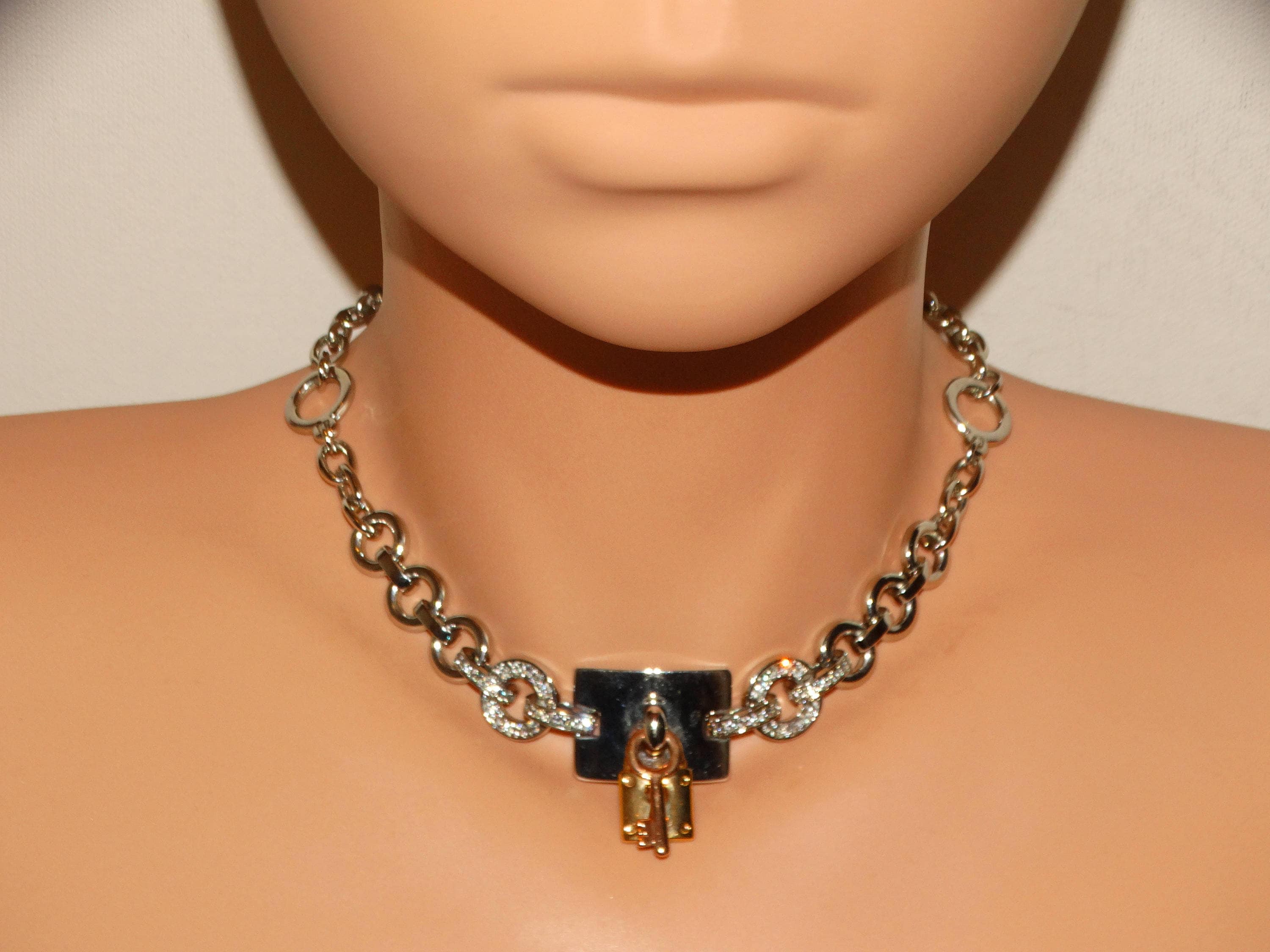 Silver Metal Lock And Key With Rhinestones Beautiful Necklace. | Etsy