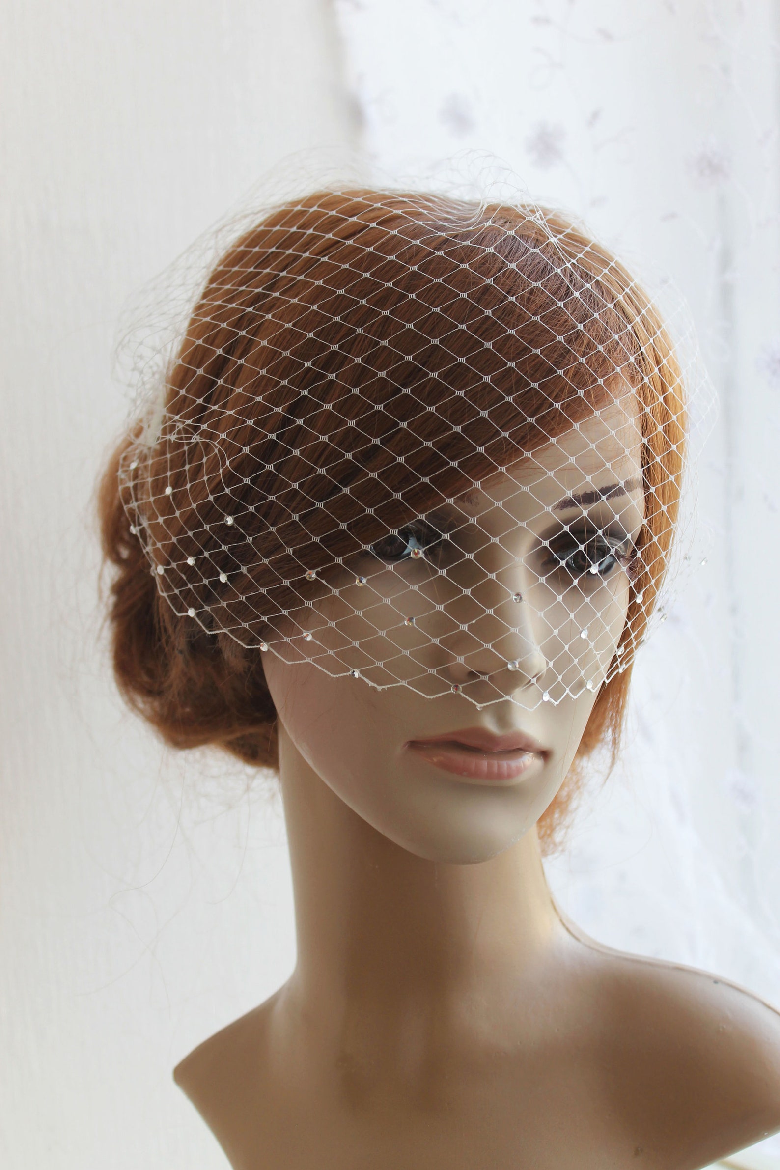 Bridal Bandeau Birdcage Veil With Crystals, Wedding Face Veil, Small ...