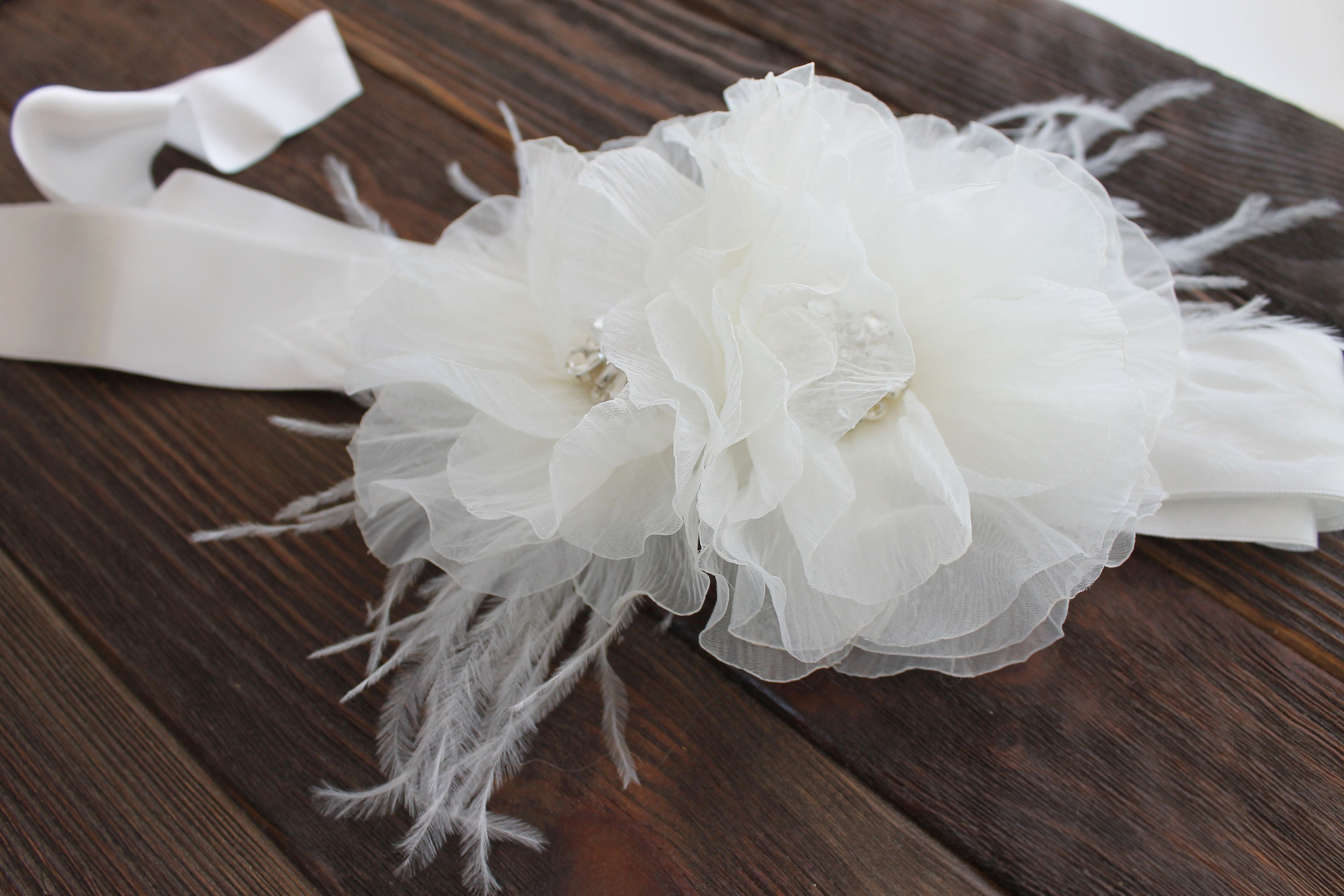 Bridal flower sash with feathers Large flower sash | Etsy