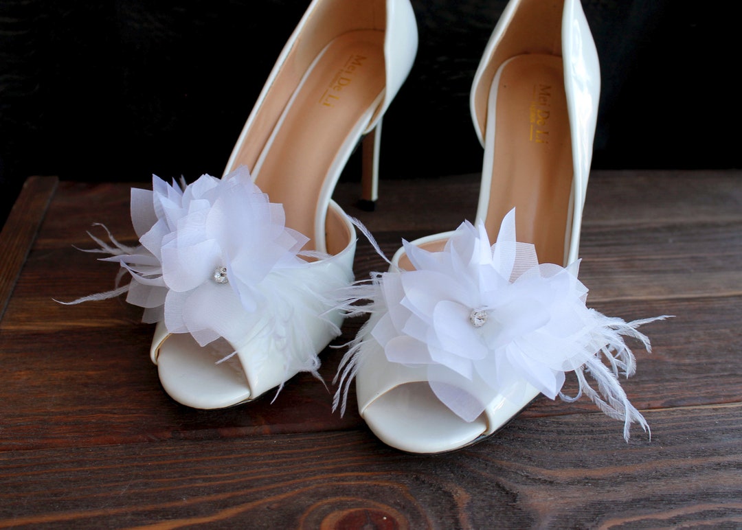 Wedding Feather Shoe Clips Ivory White Black, Pair Flower Shoe Clips ...