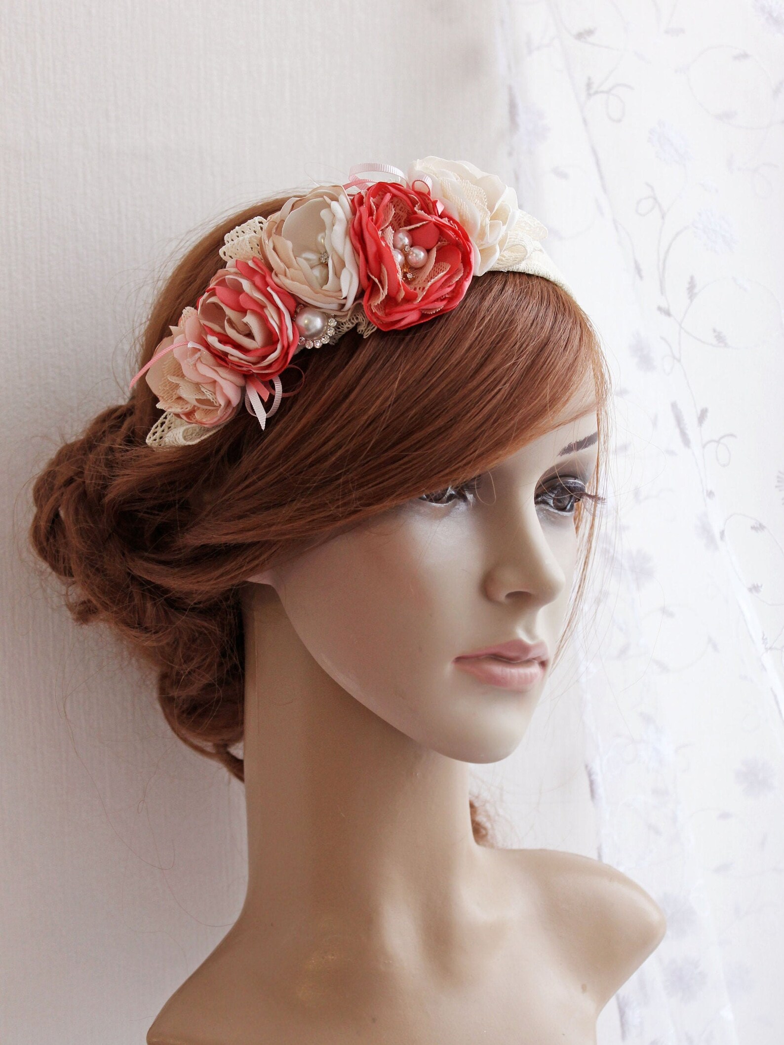 Coral Flower Headpiece Wedding Boho Chic Flower Headband - Etsy