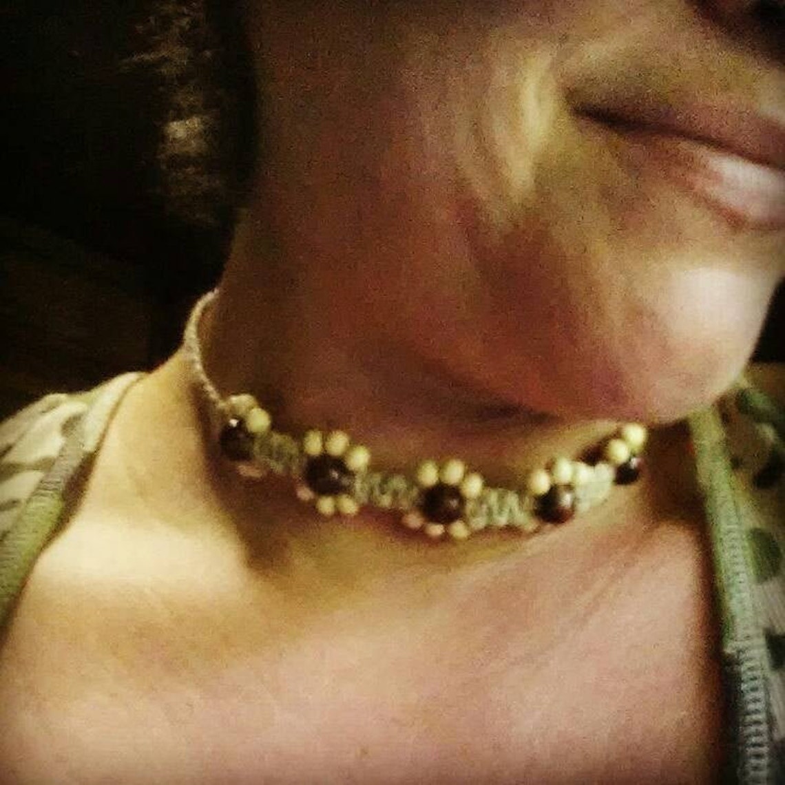 Natural Wood Bead Flower Hemp Choker Hippie Style Choker Adjustable ...