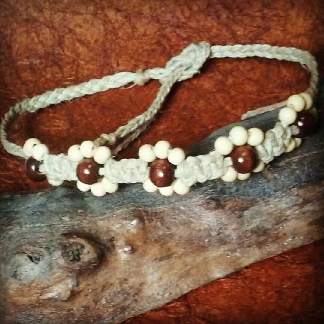 Natural Wood Bead Flower Hemp Choker Hippie Style Choker Adjustable ...