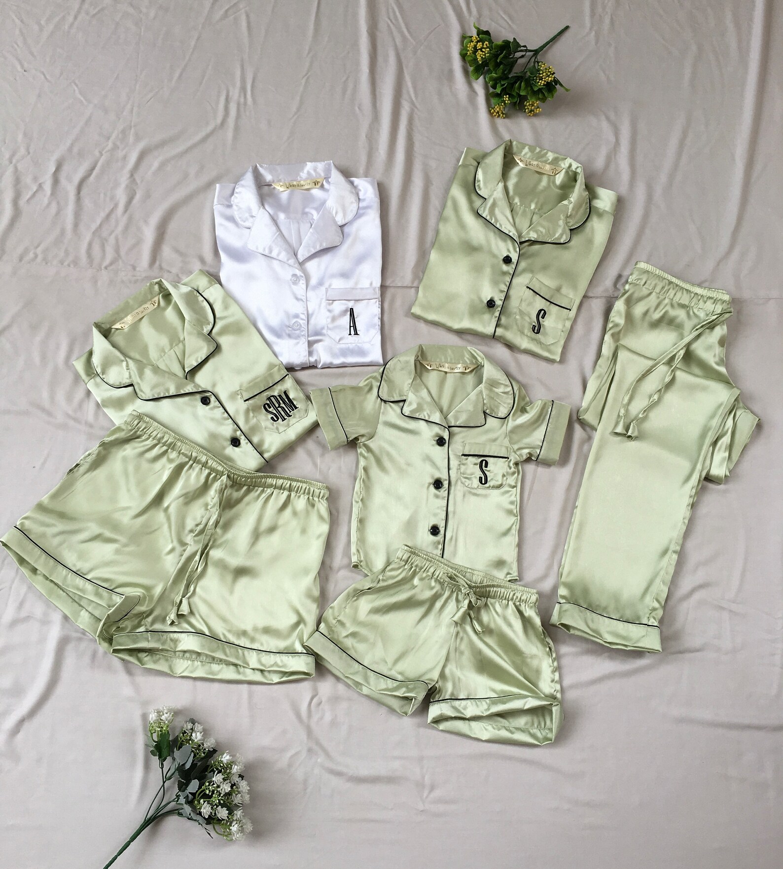 Green Satin Matching Bridesmaid Pajamas Shirt Short Pant Set - Etsy
