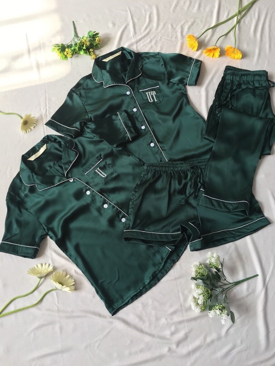 Silky Emerald Green Matching Bridesmaid Pajamas Shirt Short Pant Set ...