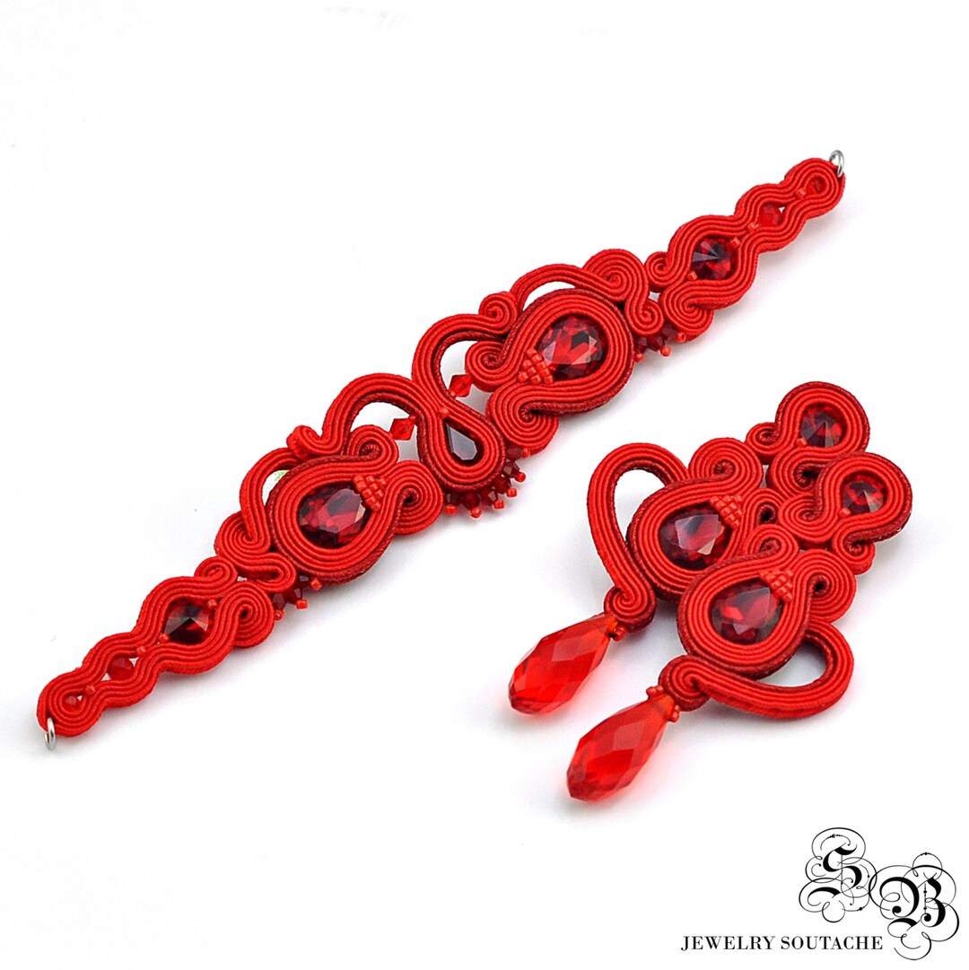 Red Bridal Jewelery Set, Soutache Set, Red Earrings for Bride, Jewelry ...