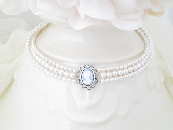 Blue pearl choker necklace store