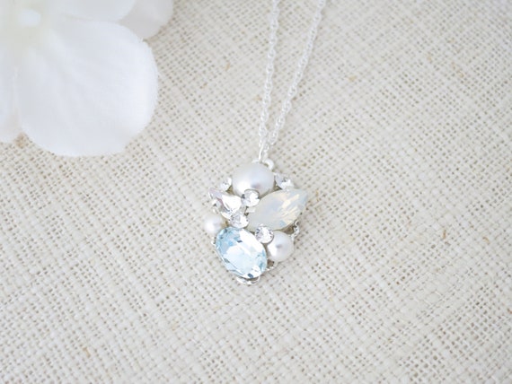 Something Blue for Bride Cluster Bridal Necklace Blue Crystal | Etsy