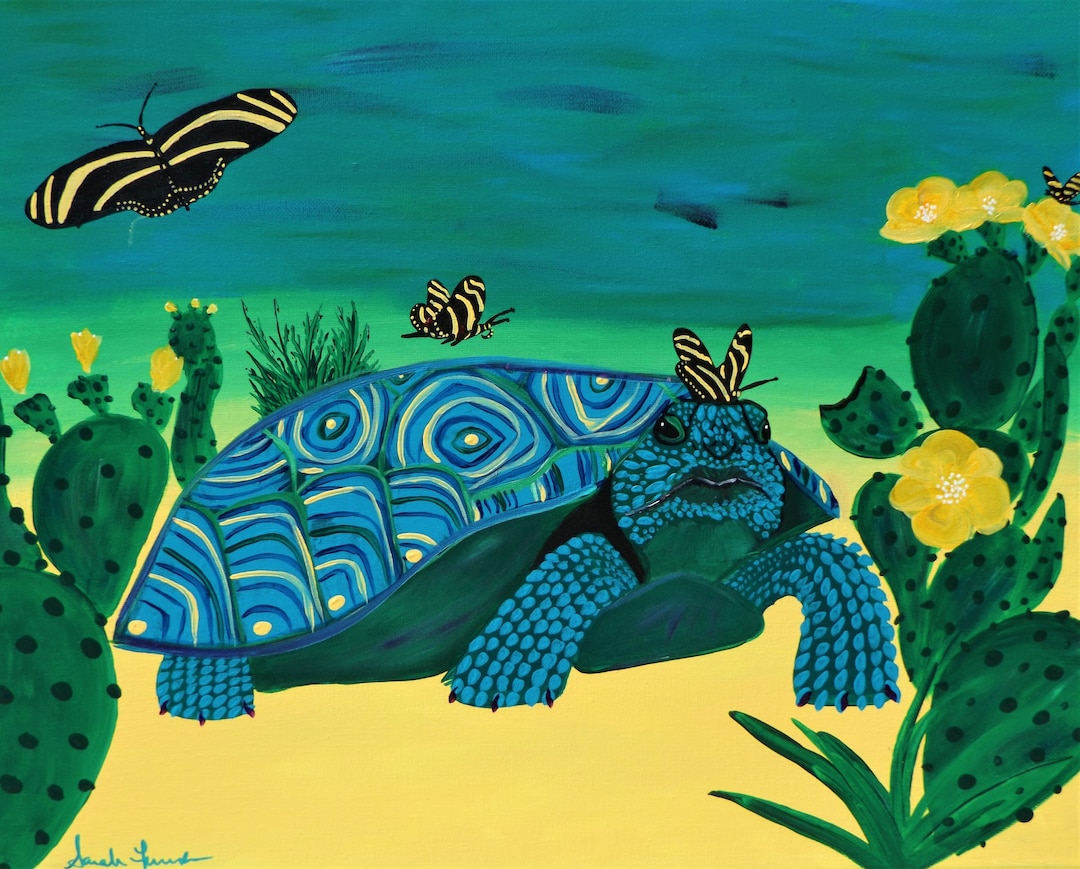 Art Print 8.5x11 Blue and Green Gopher Tortoise Among Prickly Pear ...
