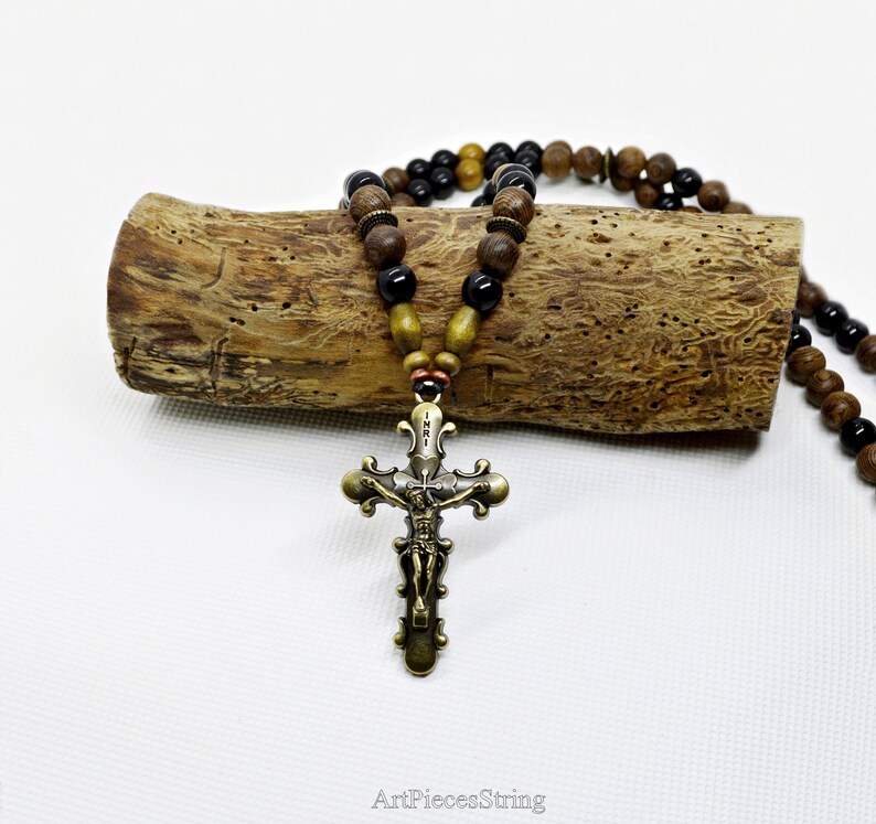 Cross necklace beads rosary string crucifix INRI mens | Etsy
