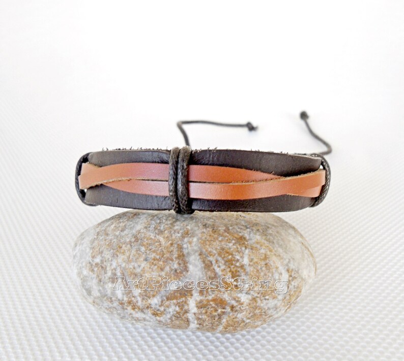 Two color leather bracelet woven brown black bracelet | Etsy