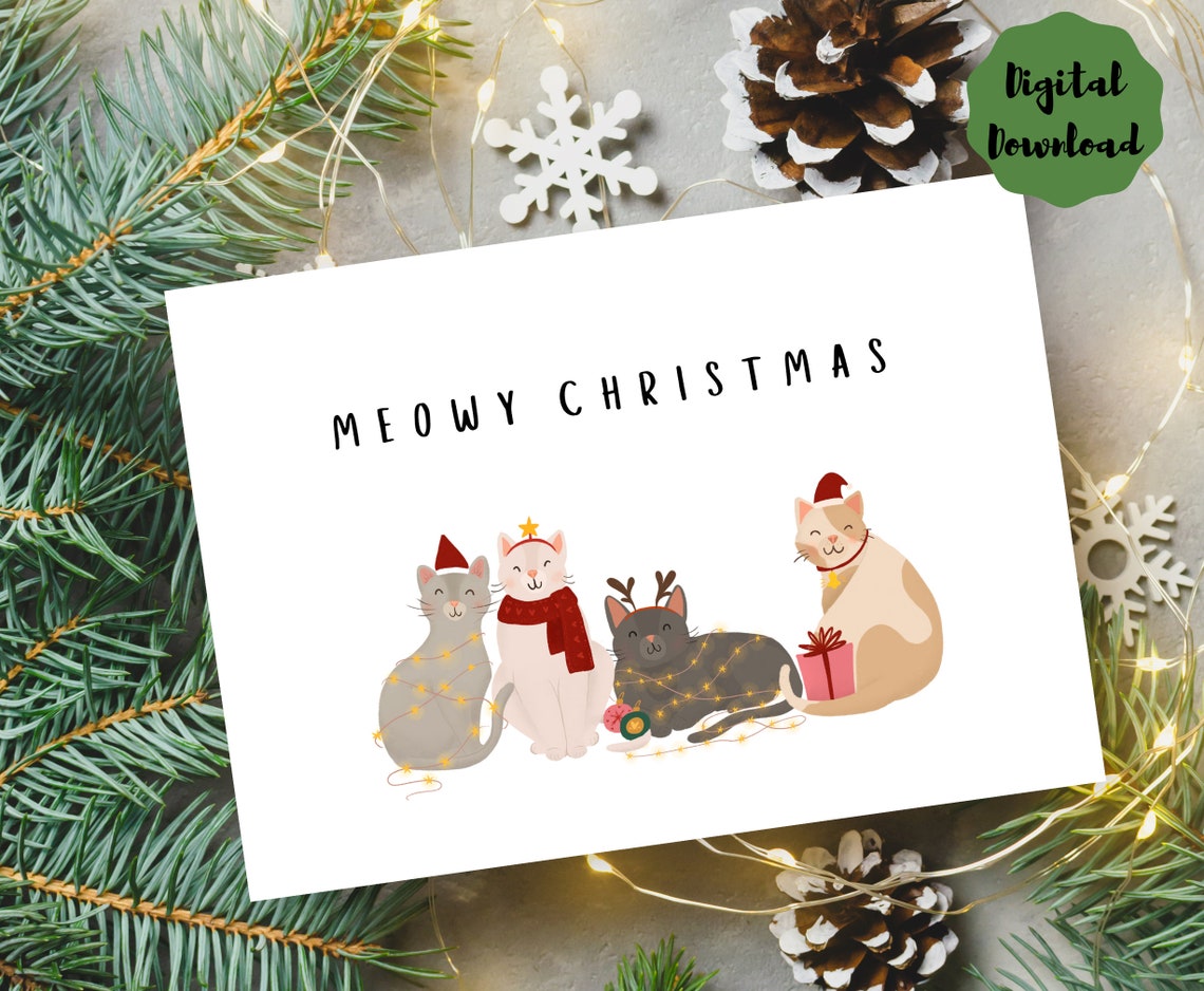 Meowy Christmas Card, Digital Download, Merry Christmas Card. Greeting ...