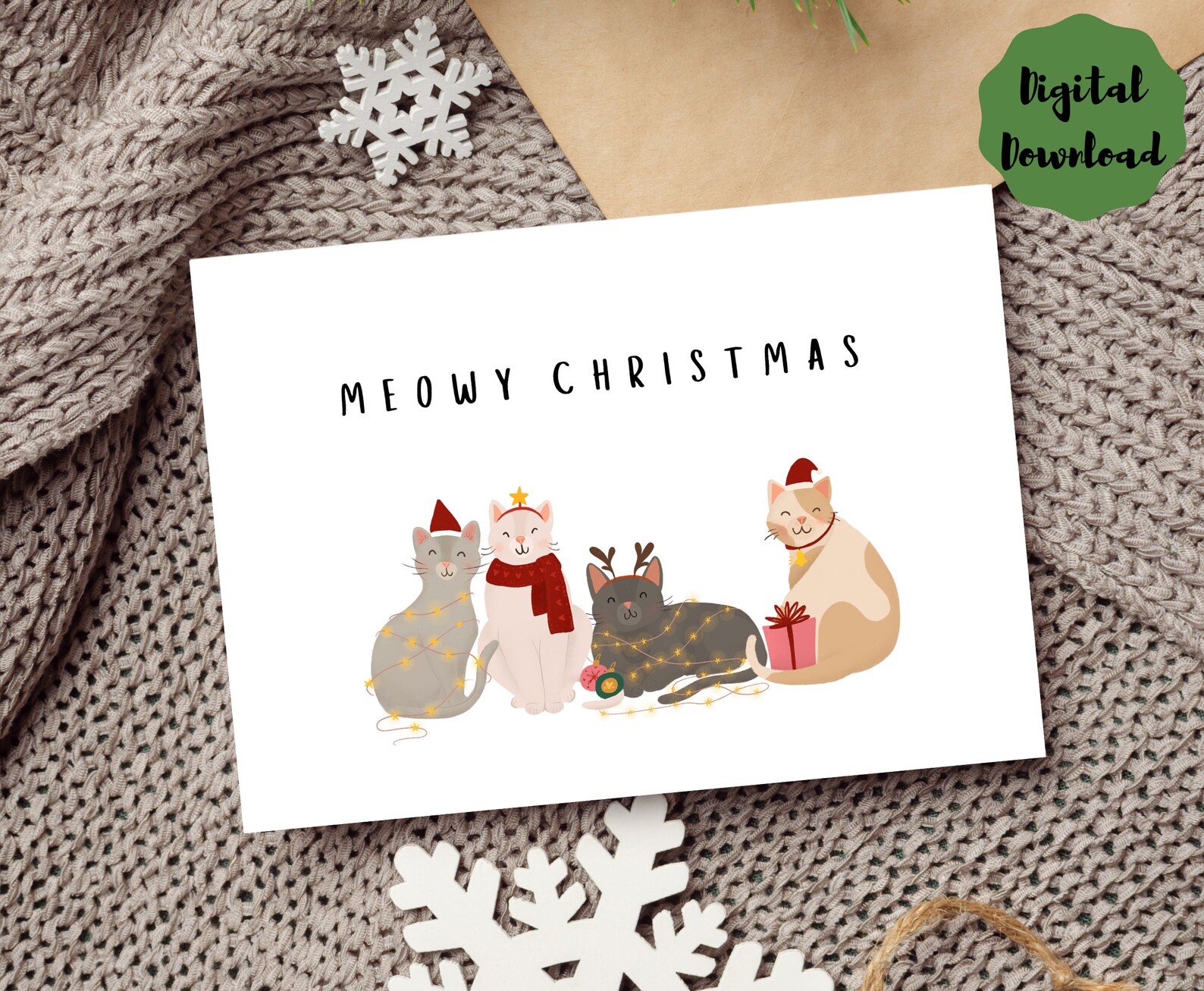 Meowy Christmas Card, Digital Download, Merry Christmas Card. Greeting ...