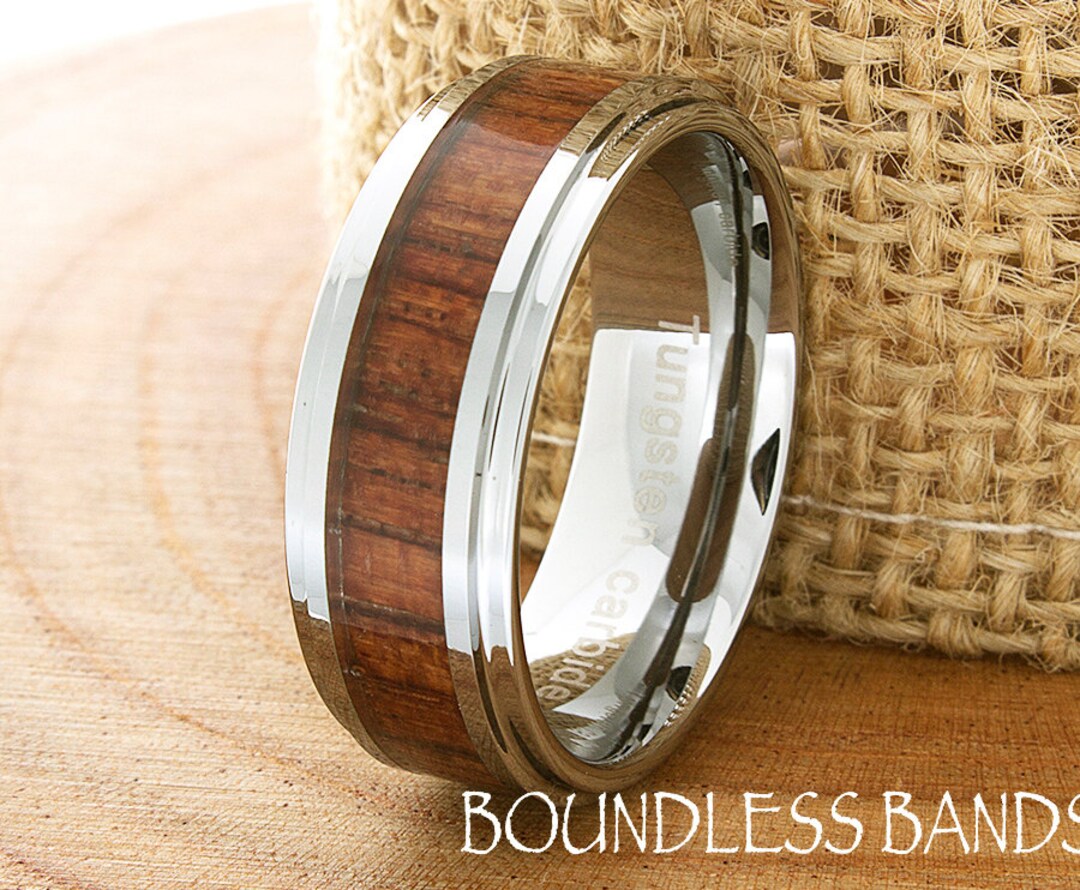 Wood Inlay Tungsten Wedding Band, Flat Polished Ring - Etsy