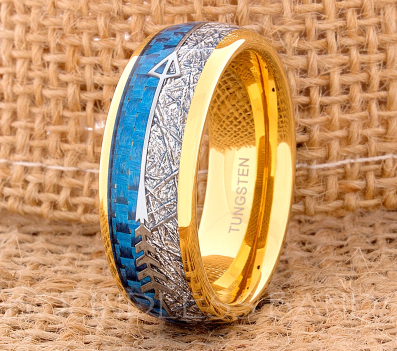 Gold Meteorite Ring, Arrow Meteorite Ring, Blue Carbon Fiber, Meteorite ...