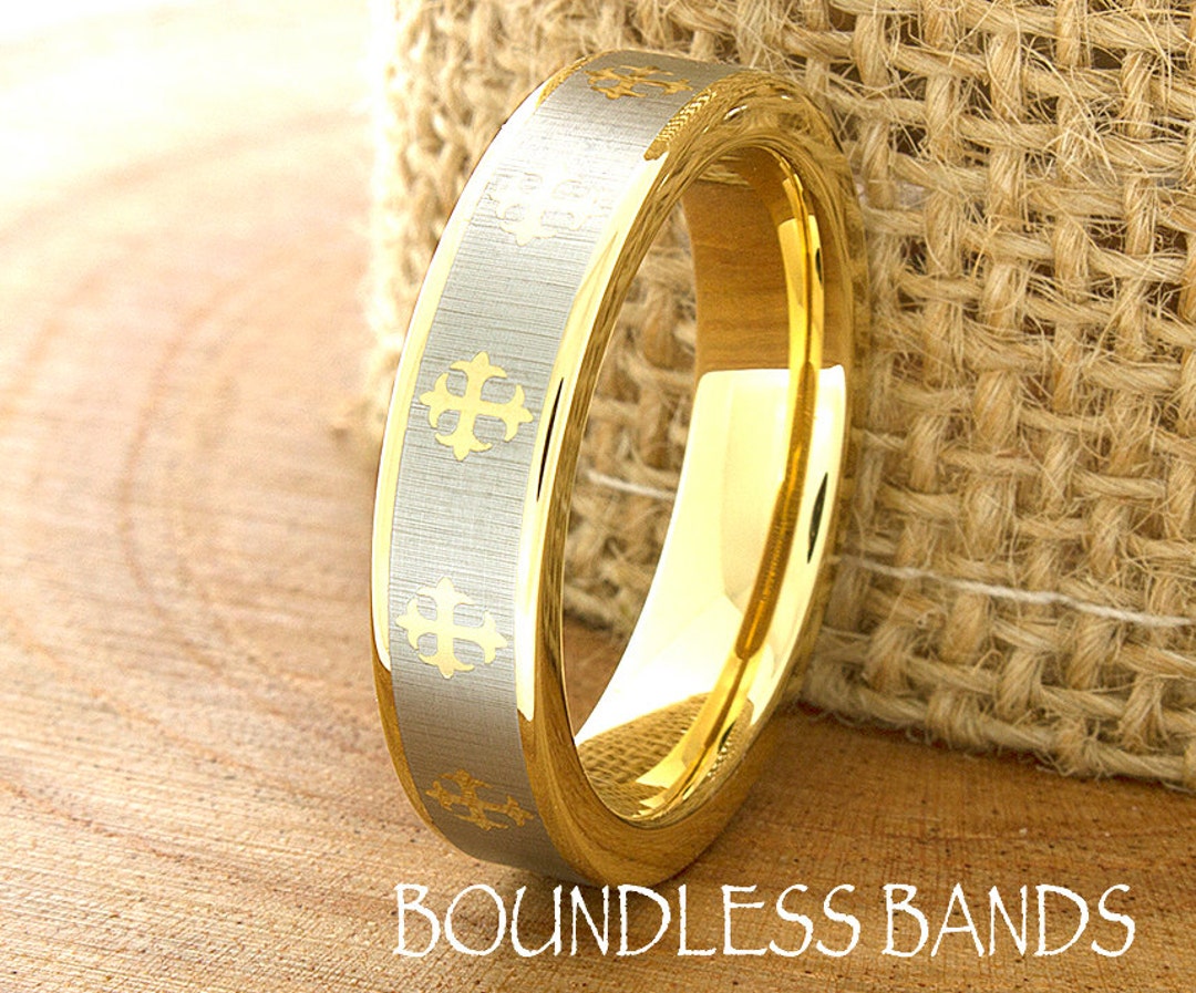 Gold Tungsten Cross Wedding Band Flat Plain High Polished Two Tone ...