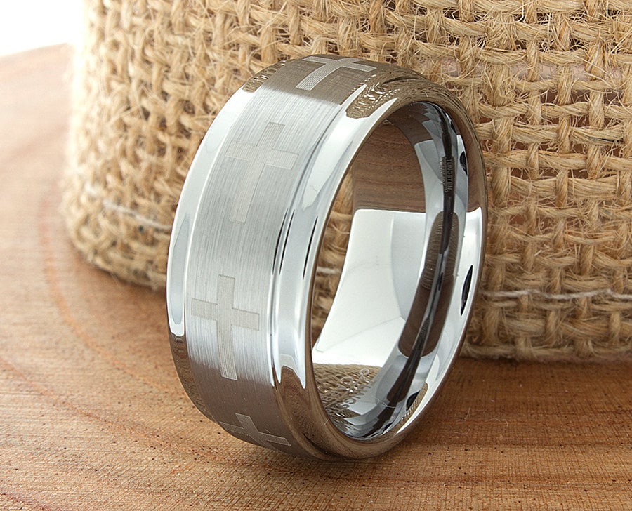 Tungsten Cross Ring, Silver Wedding Band, 9mm - Etsy