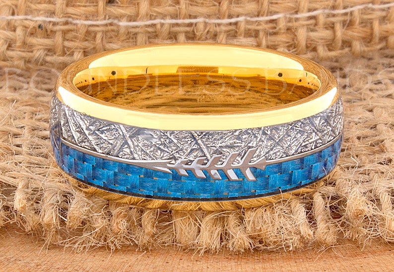 Gold Meteorite Ring, Arrow Meteorite Ring, Blue Carbon Fiber, Meteorite ...