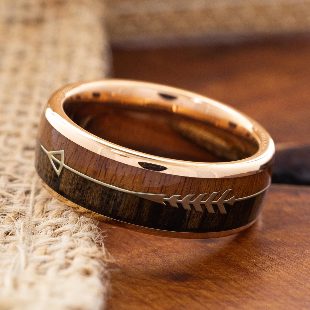 Rose Gold Tungsten Arrow Ring, Dark Brown Wood Ring, Hawaiian Koa Wood ...