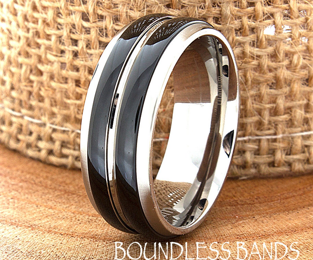 Two Tone Polished Titanium Ring Comfort Fit Custom Engraving Wedding ...