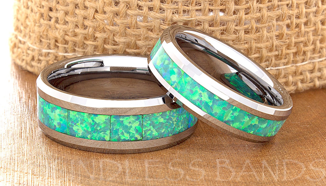 Tungsten Wedding Ring Green Opal Ring Tungsten Band Mens Women's ...