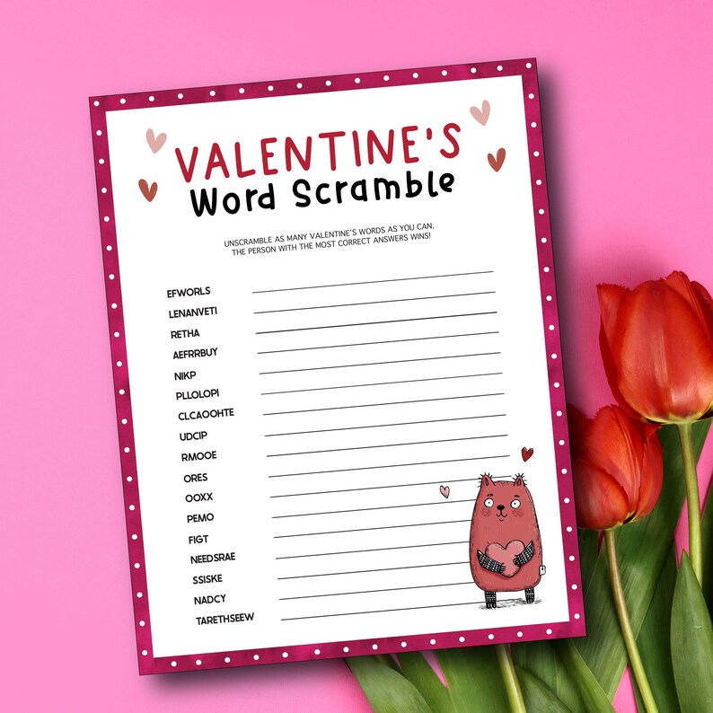 Printable Valentine's Day Word Scramble, Valentine Day Printable Game ...