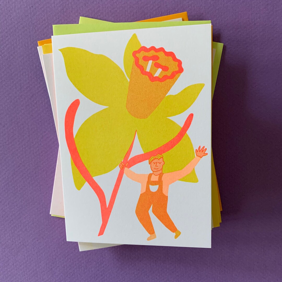 Daffodil Mini Card - Fluorescent Mini 4-bar Risograph-printed Card - Etsy