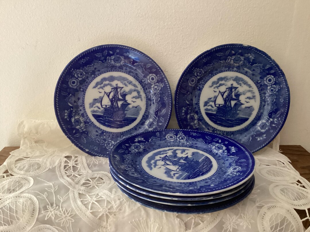 6 Vintage JAPAN MAYFLOWER Desert PLATES Blue and White 6 Inch Desert ...