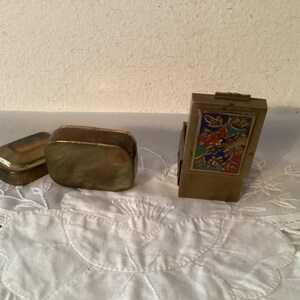 Two Tiny TINY BRASS BOXES Postage Stamp Size and Very Unique One Lift ...