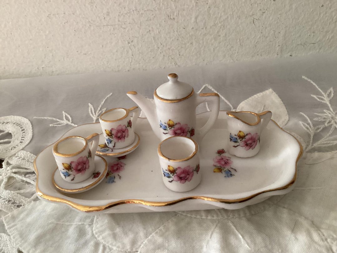 Vintage TINY TEA SET on Tray White Porcelain Tea Set Pink Flower ...