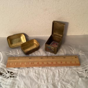 Two Tiny TINY BRASS BOXES Postage Stamp Size and Very Unique One Lift ...