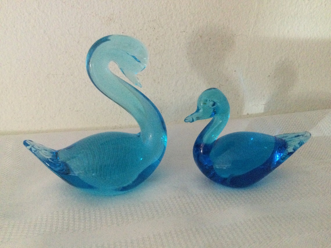 Vintage Set Of Blue Glass Swans Collectible Swan Figurines Etsy