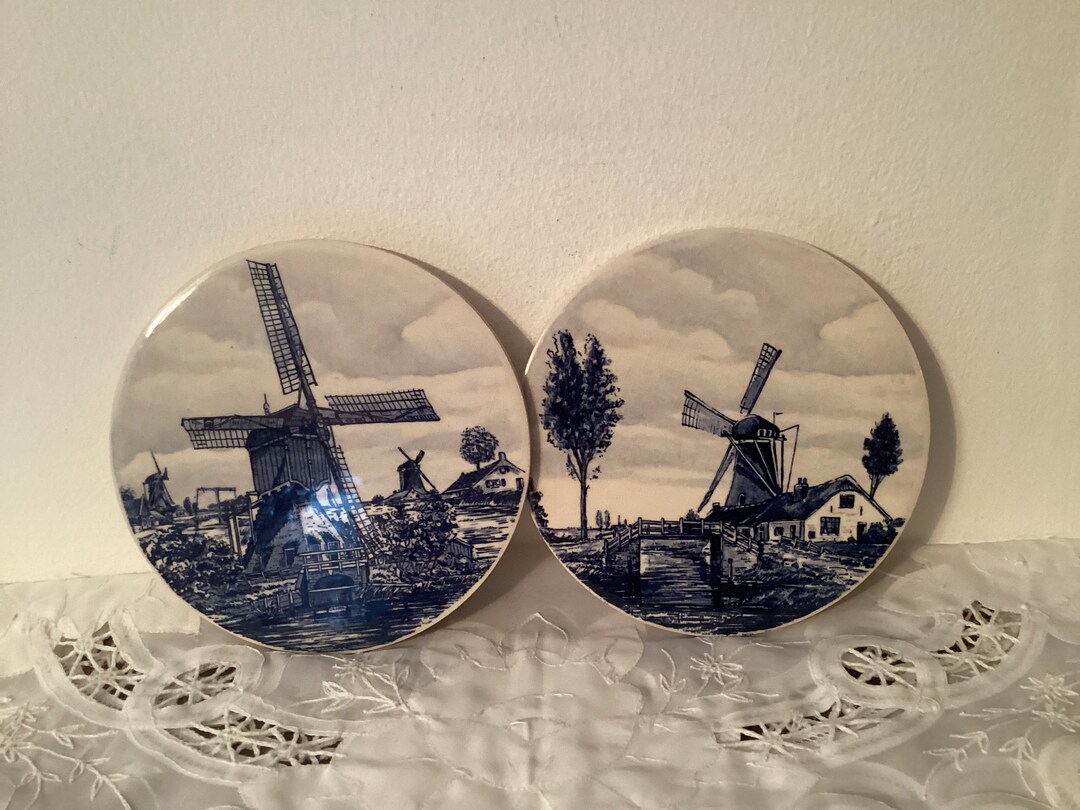 Sale***pair of ROUND BLUE DELFT Plaques/tiles Two Windmill Scenes Made ...