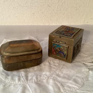 Two Tiny TINY BRASS BOXES Postage Stamp Size and Very Unique One Lift ...