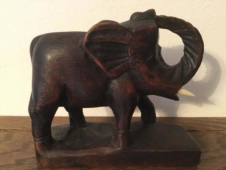 Vintage Handcarved Wood Elephant Trunk up Elephant on Base - Etsy