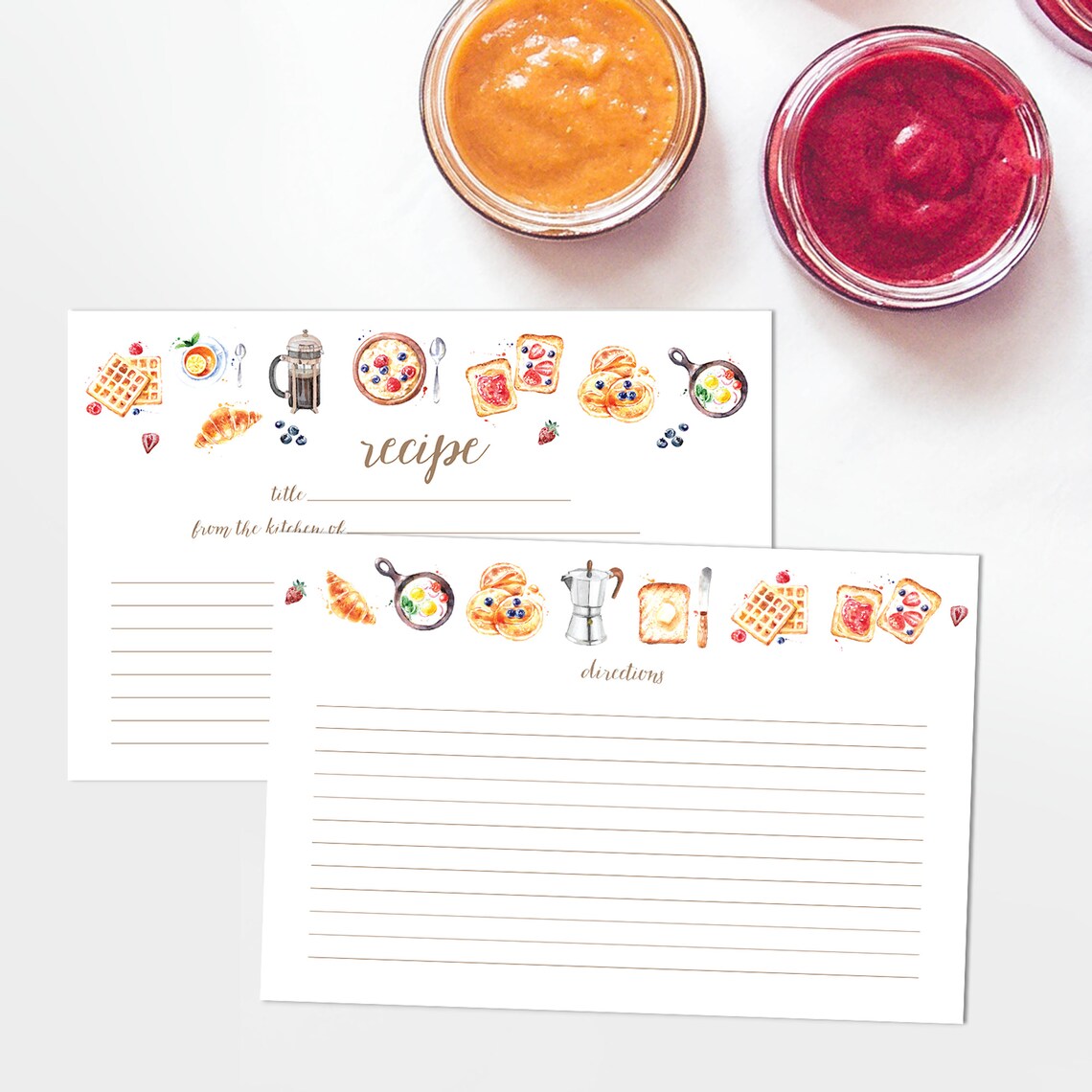 Watercolor Recipe Cards Set of 15 30 or 50 Breakfast - Etsy